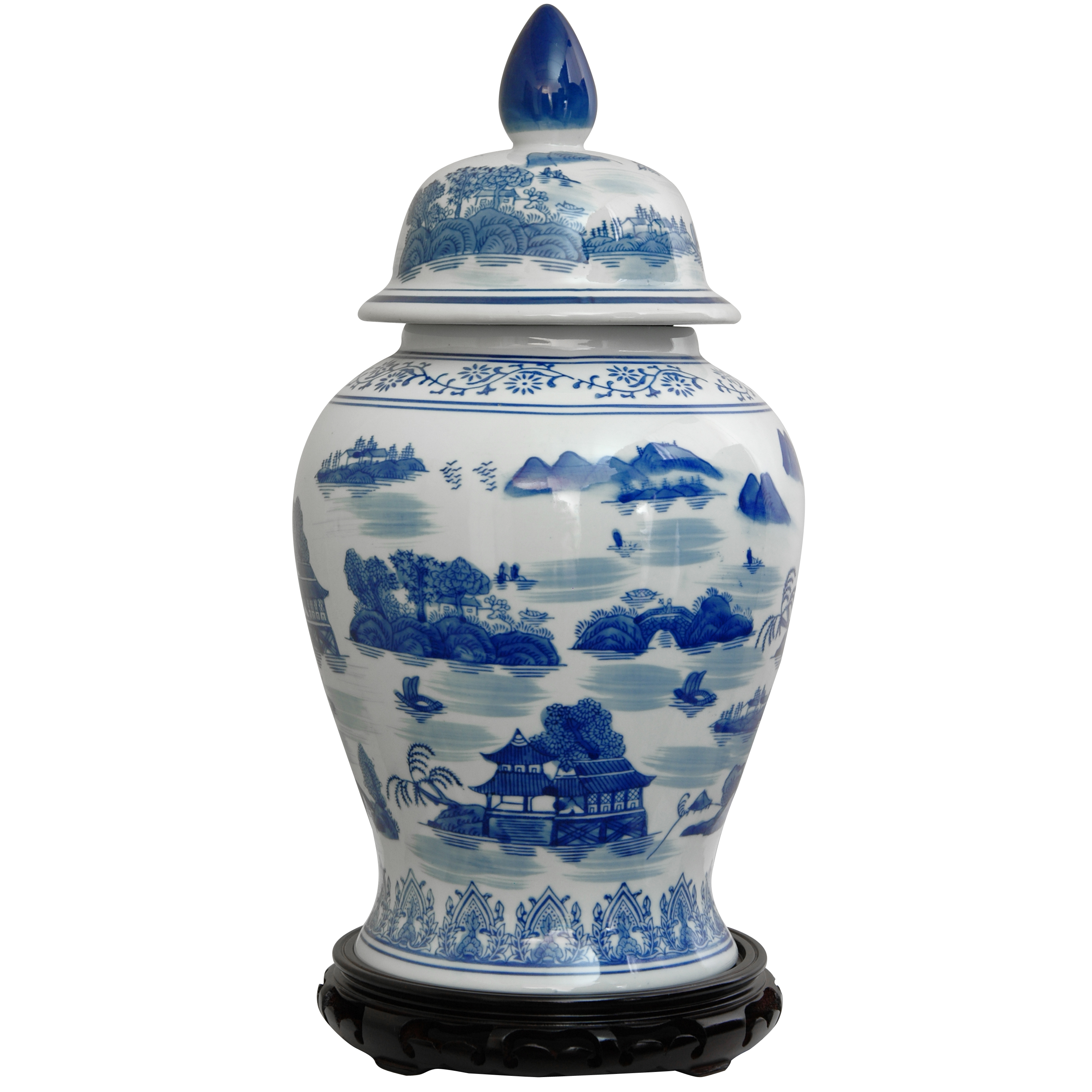 Red Lantern: 18" Landscape Blue & White Porcelain Temple Jar