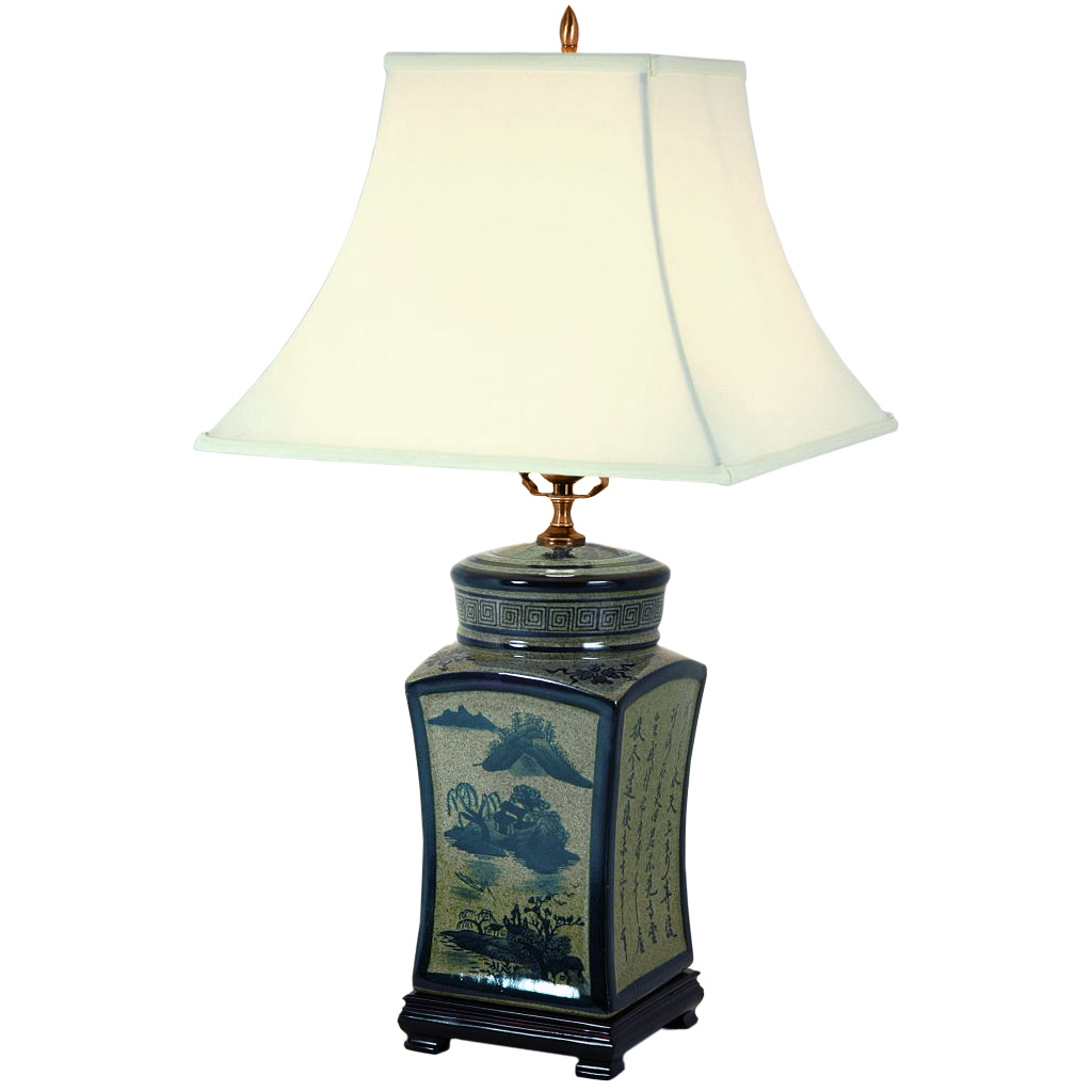 Red Lantern: 25" Blue & White Chinese Calligraphy Porcelain Lamp